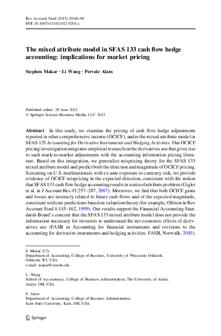 (PDF) The mixed attribute model in SFAS 133 cash flow hedge accounting ...
