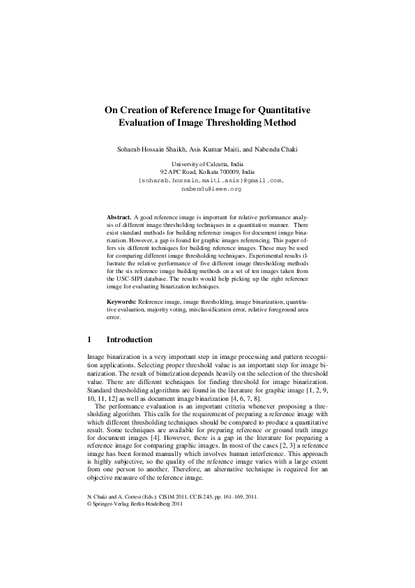 (PDF) On creation of reference image for quantitative evaluation of image thresholding method