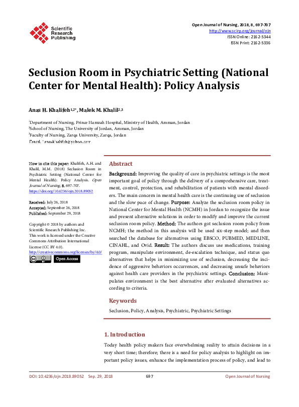 (PDF) Seclusion Room in Psychiatric Setting (National Center for Mental ...
