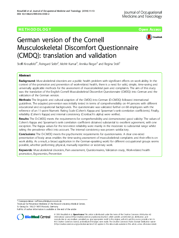 (PDF) German version of the Cornell Musculoskeletal Discomfort ...