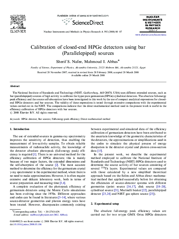 Pdf Calibration Of Closed End Hpge Detectors Using Bar Parallelepiped Sources