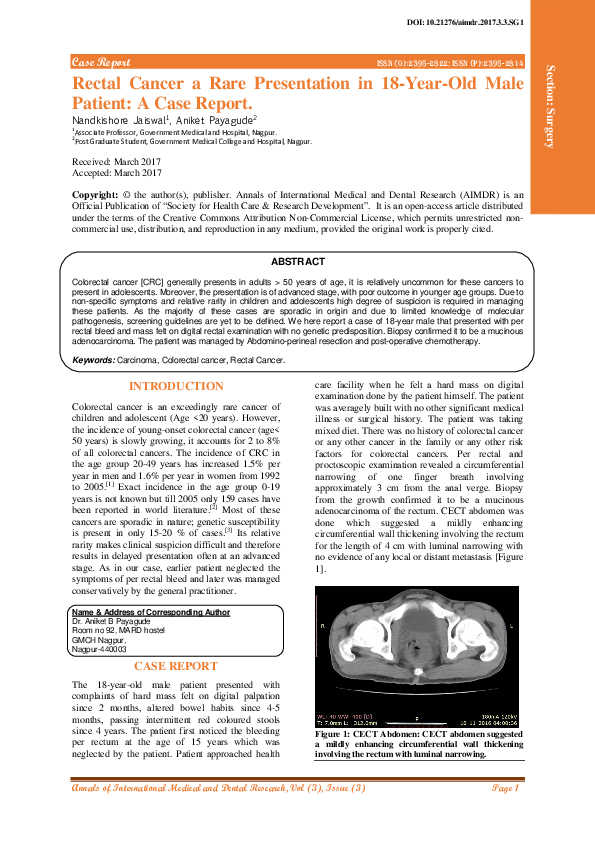 (PDF) Rectal Cancer a Rare Presentation in 18-Year-Old Male Patient: A ...