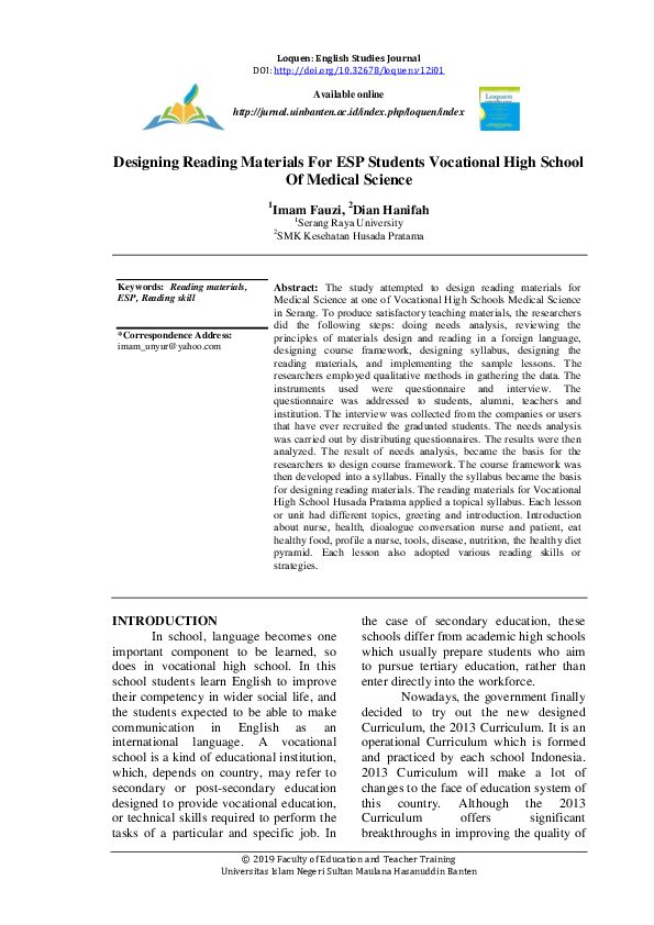 (PDF) Designing Reading Materials For ESP Students Vocational High ...