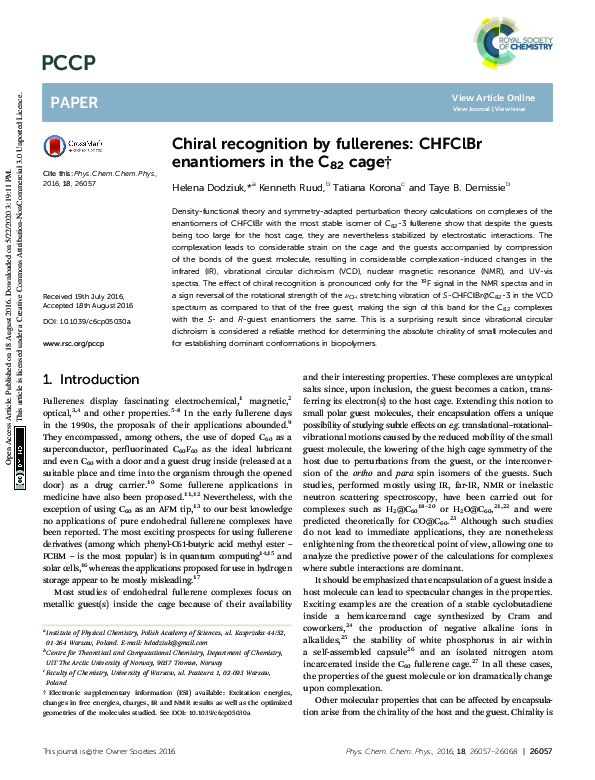 (PDF) Chiral Recognition by Fullerenes: CHFClBr Enantiomers in the C82 Cage