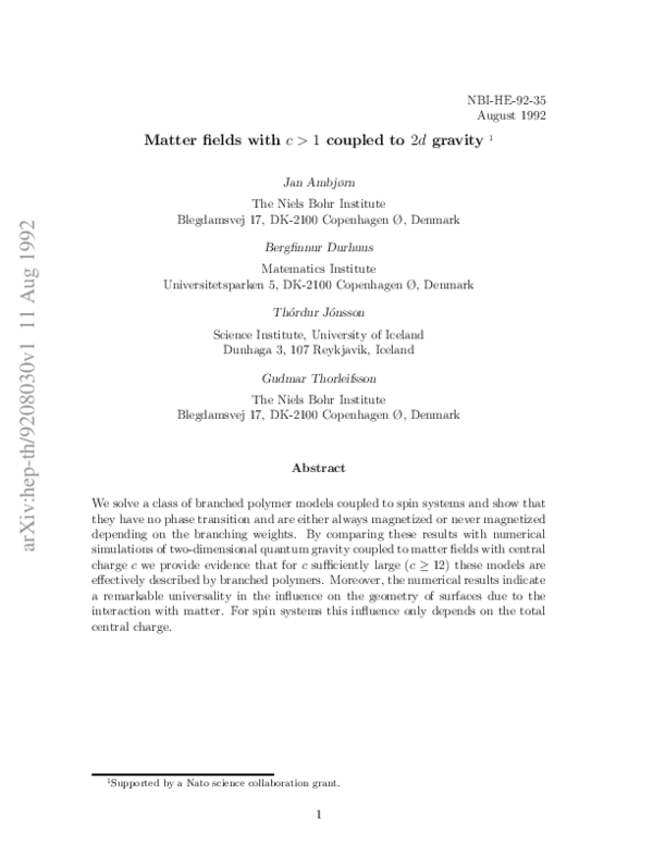 (PDF) Matter fields with c > 1 coupled to 2d gravity