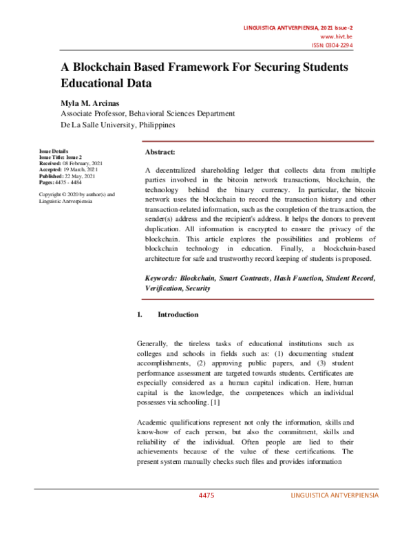 (PDF) A Blockchain Based Framework For Securing Students Educational Data
