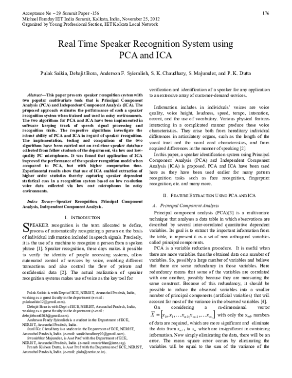 (PDF) Real Time Speaker Recognition System using PCA and ICA | Swanirbhar Majumder - Academia.edu
