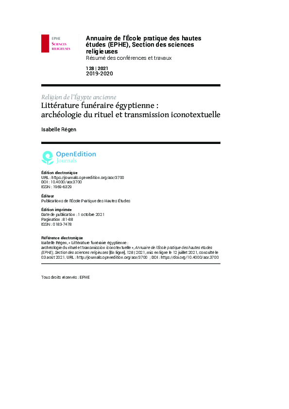 (PDF) "Littérature funéraire égyptienne : archéologie du rituel et ...