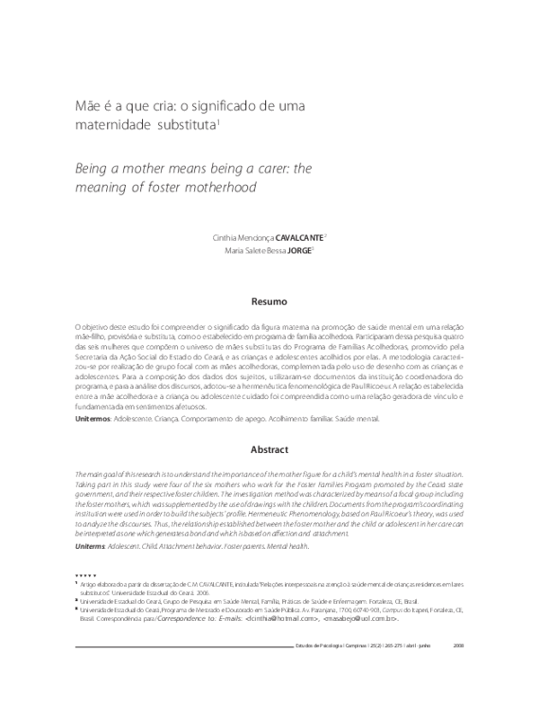 (PDF) Being a mother means being a carer: the meaning of foster motherhood