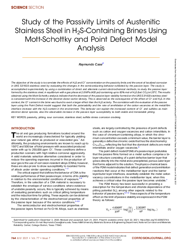(PDF) Study of the Passivity Limits of Austenitic Stainless Steel in H ...