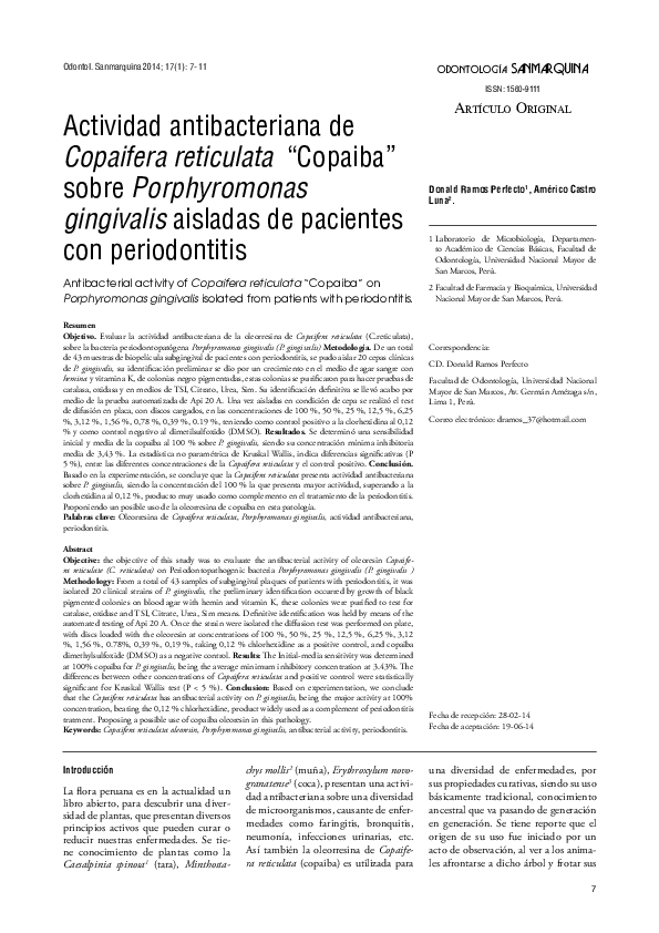 (PDF) Actividad antibacteriana de Copaifera reticulata “Copaiba” sobre ...