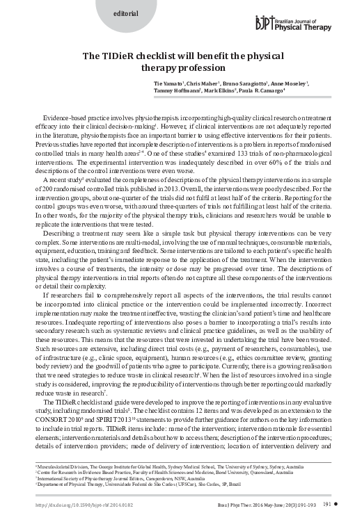 (PDF) The TIDieR Checklist Will Benefit the Physical Therapy Profession