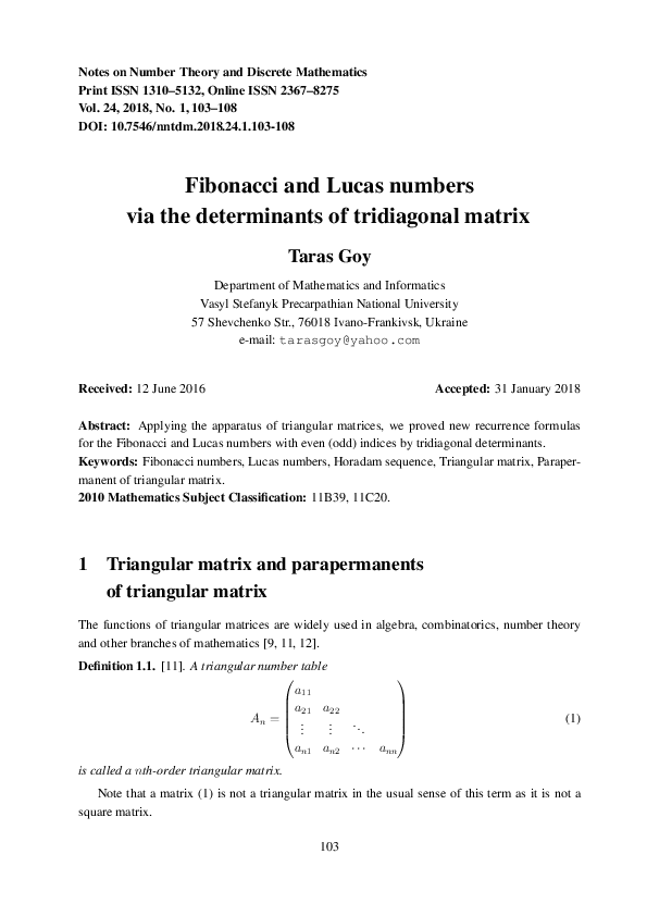 (PDF) Fibonacci and Lucas numbers via the determinants of tridiagonal ...