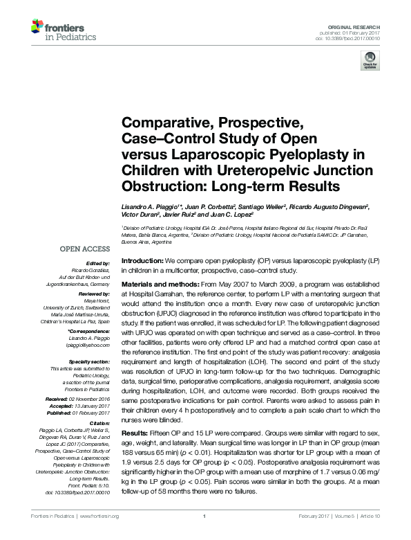 (PDF) Comparative, Prospective, Case–Control Study of Open versus Laparoscopic Pyeloplasty in ...