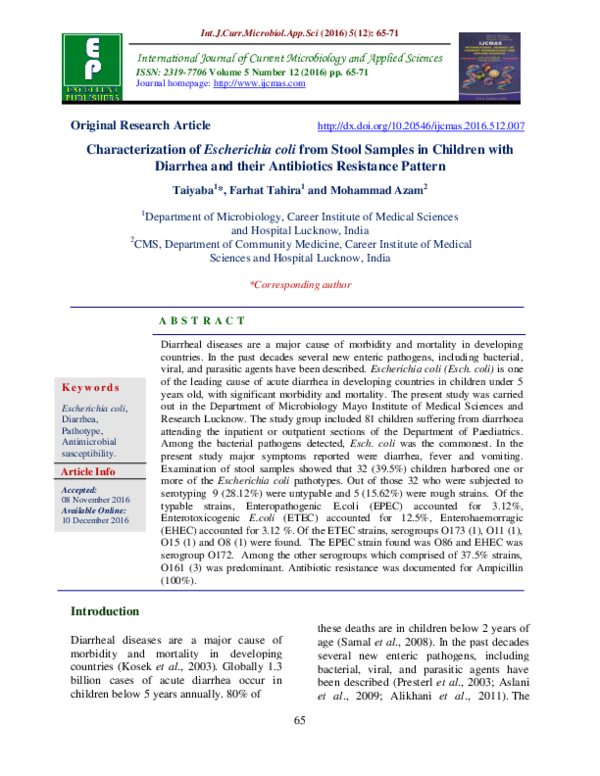 (PDF) Characterization of Escherichia coli from Stool Samples in ...