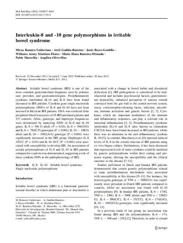 (PDF) Interleukin-8 and -10 gene polymorphisms in irritable bowel syndrome