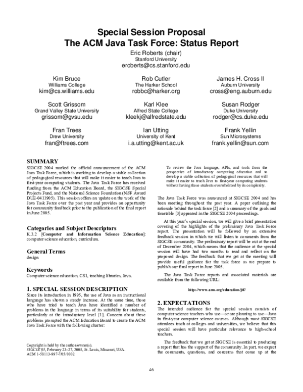 (PDF) Special Session Proposal The ACM Java Task Force: Status Report