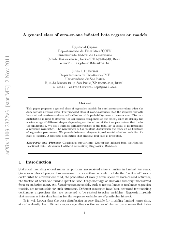 Pdf A General Class Of Zero Or One Inflated Beta Regression Models