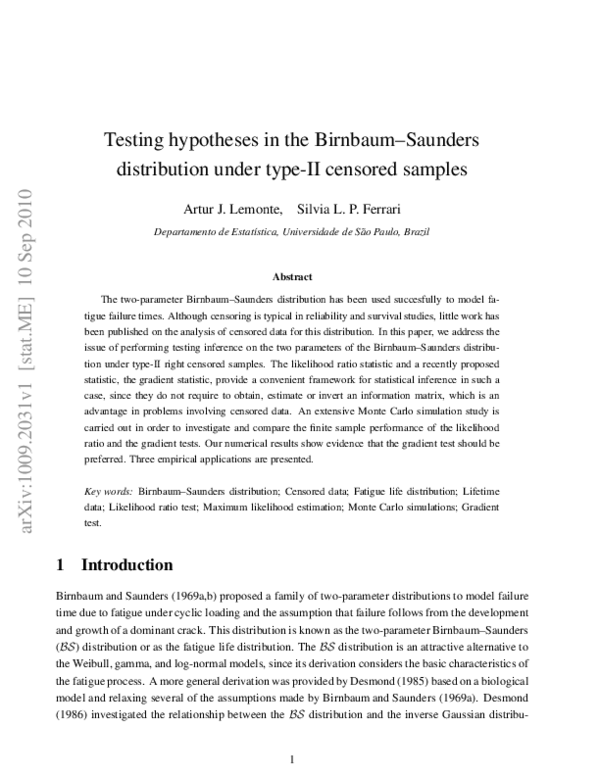 Pdf Testing Hypotheses In The Birnbaum Saunders Distribution Under Type Ii Censored Samples