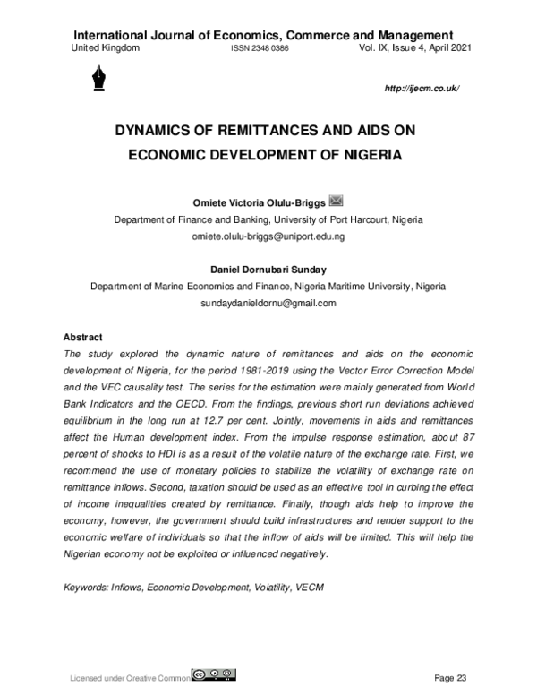 (PDF) DYNAMICS OF REMITTANCES AND AIDS ON ECONOMIC DEVELOPMENT OF NIGERIA