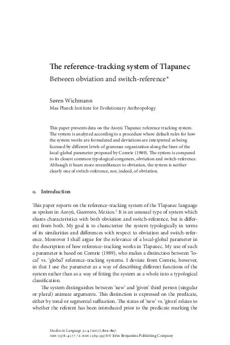 (PDF) The reference-tracking system of Tlapanec: Between obviation and ...