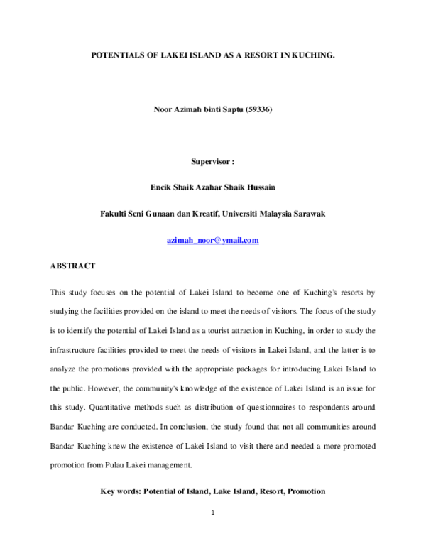 (PDF) POTENTIALS OF LAKEI ISLAND AS A RESORT IN KUCHING. Noor Azimah ...
