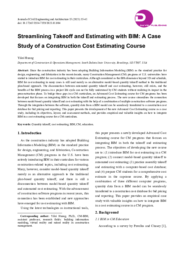 (PDF) Streamlining Takeoff and Estimating with BIM: A Case Study of a ...