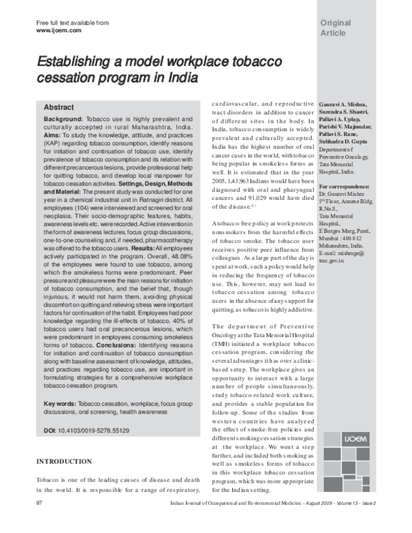 (PDF) Establishing a model workplace tobacco cessation program in India