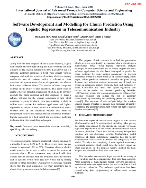 Pdf Software Development And Modelling For Churn Prediction Using Logistic Regression In