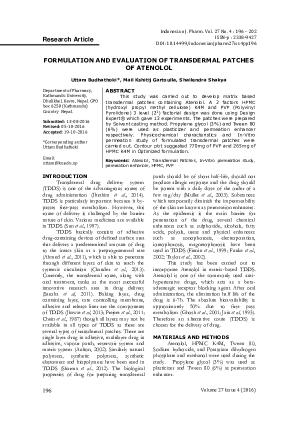 (PDF) Formulation and Evaluation of Transdermal Patch of an ...