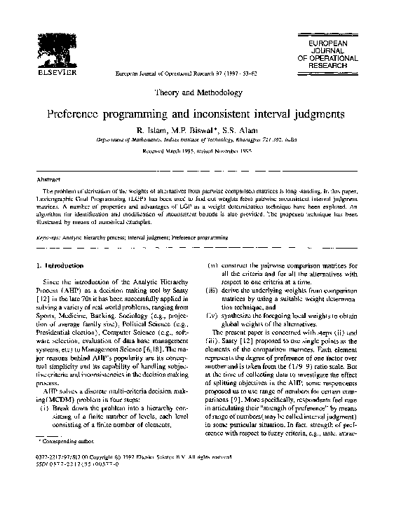 (PDF) Preference programming and inconsistent interval judgments