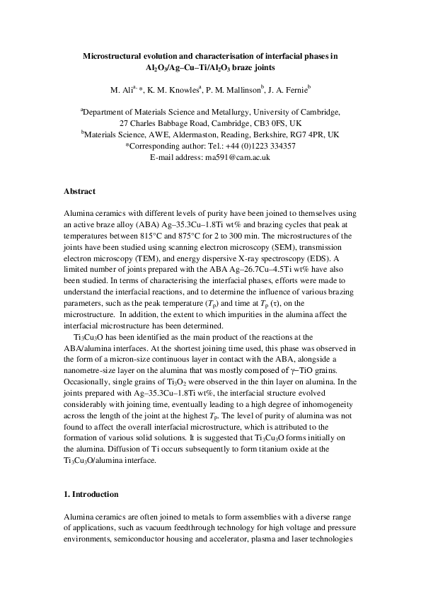 (PDF) Microstructural evolution and characterisation of interfacial phases in Al2O3/Ag–Cu–Ti ...