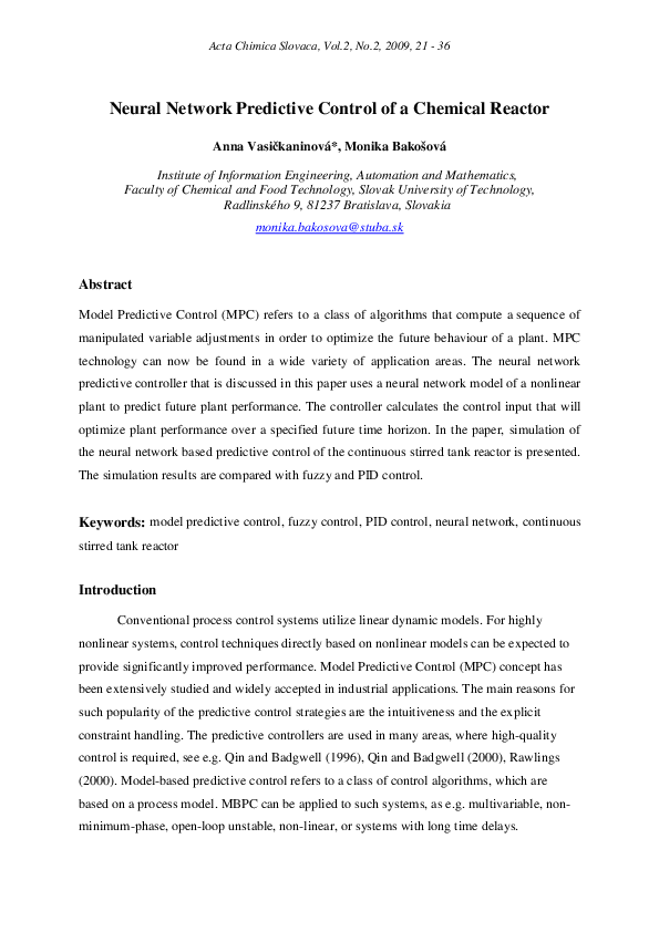 (PDF) Neural Network Predictive Control Of A Chemical Reactor