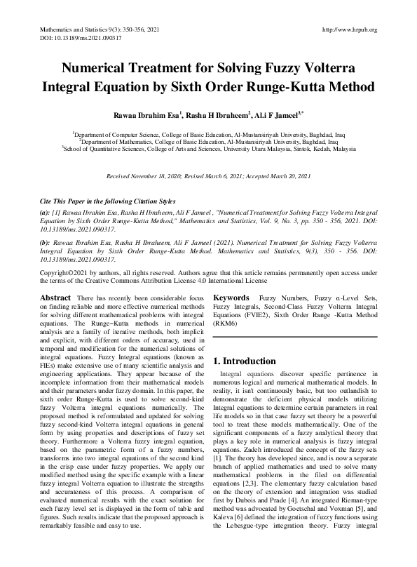 (PDF) Numerical Treatment for Solving Fuzzy Volterra Integral Equation by Sixth Order Runge ...