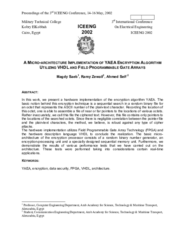 (PDF) A Micro-architecture Implementation of YAEA Encryption Algorithm Utilizing VHDL and Field ...