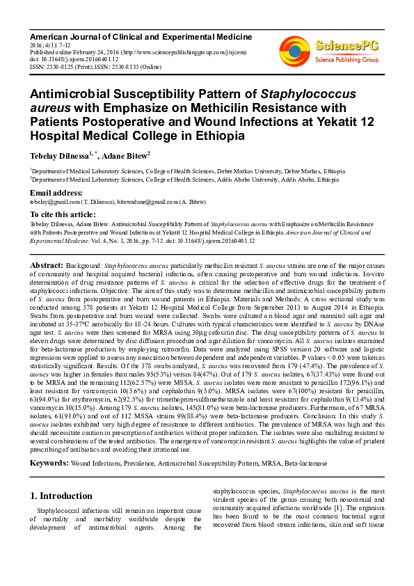 (PDF) Antimicrobial Susceptibility Pattern of Staphylococcus aureus with Emphasize on Methicilin ...