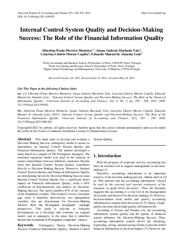 (PDF) Internal Control System Quality and Decision-Making Success: The ...