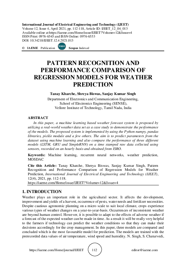 Pdf Pattern Recognition And Performance Comparison Of Regression Models For Weather Prediction