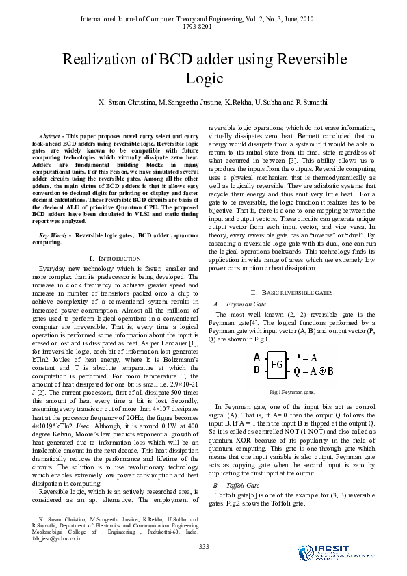 (PDF) Realization of BCD adder using ReversibleLogic