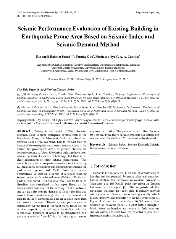 Pdf Seismic Performance Evaluation Of Existing Building In Earthquake