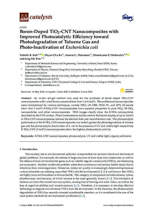 (PDF) Boron-Doped TiO2-CNT Nanocomposites with Improved Photocatalytic ...