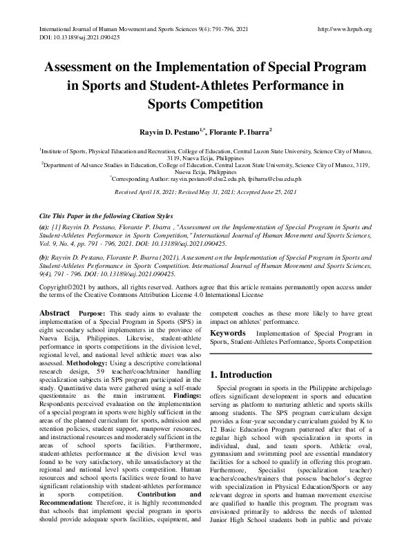 (PDF) Assessment on the Implementation of Special Program in Sports and ...