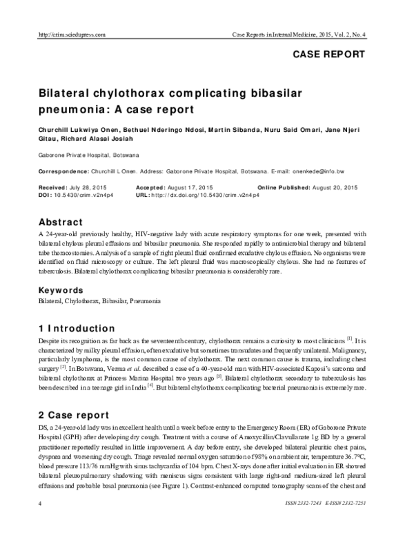 (PDF) Bilateral chylothorax complicating bibasilar pneumonia: A case report