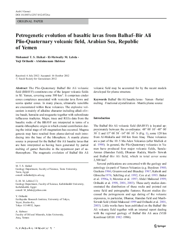 (PDF) Petrogenetic evolution of basaltic lavas from Balhaf–Bir Ali Plio ...