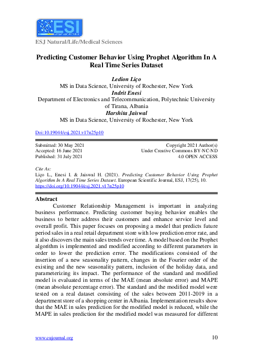 Pdf Predicting Customer Behavior Using Prophet Algorithm In A Real