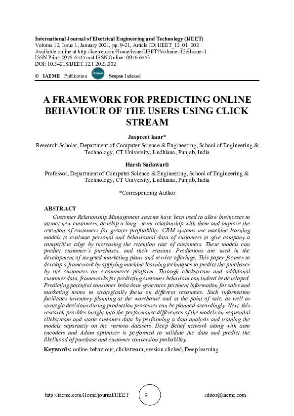 (PDF) A FRAMEWORK FOR PREDICTING ONLINE BEHAVIOUR OF THE USERS USING CLICK STREAM