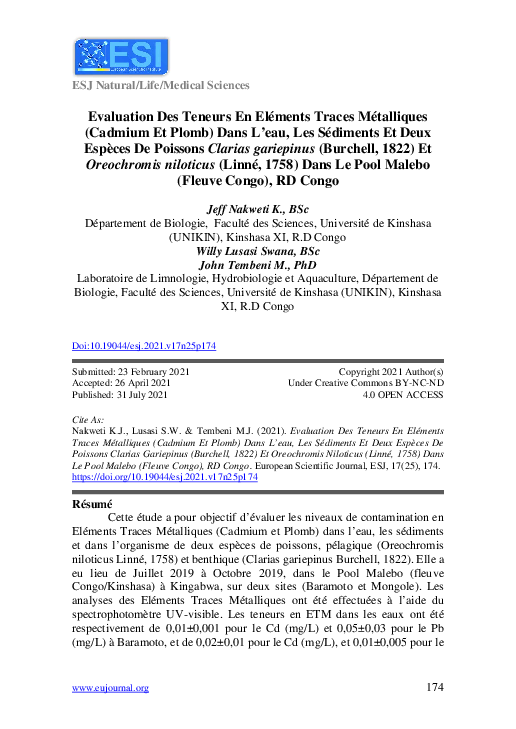 (PDF) Evaluation Des Teneurs En Eléments Traces Métalliques (Cadmium Et ... (PDF) Evaluation Des Teneurs En Eléments Traces Métalliques (Cadmium Et ...