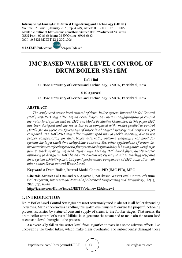 (PDF) IMC BASED WATER LEVEL CONTROL OF DRUM BOILER SYSTEM