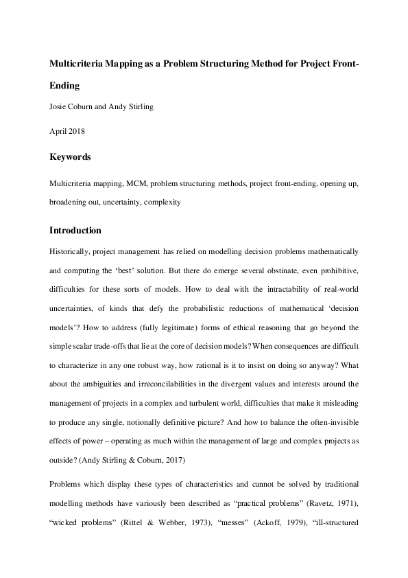 (PDF) Multicriteria Mapping as a Problem Structuring Method for Project Front-Ending