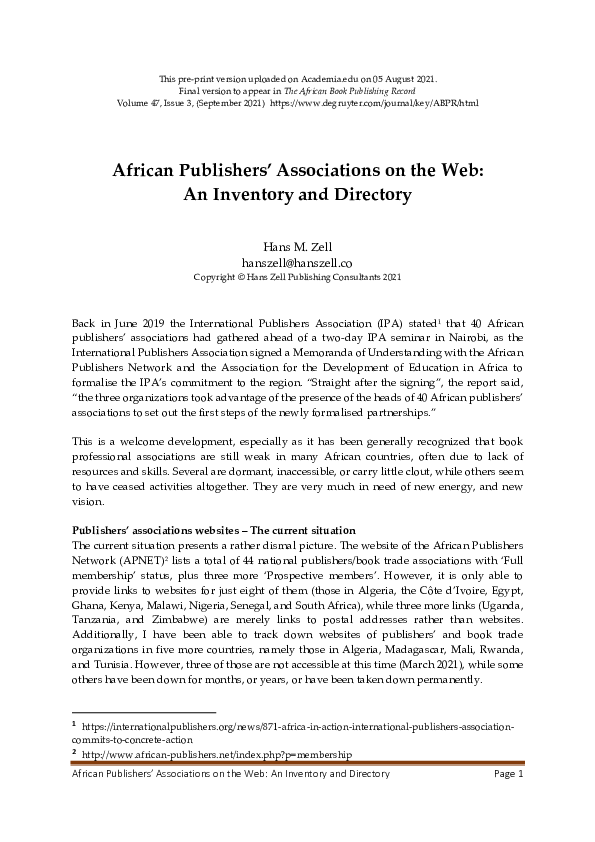 (PDF) African Publishers' Associations on the Web: An Inventory and ...